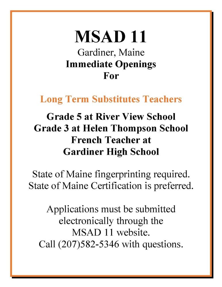 MSAD 11 Long Term Substitute Teacher Openings Gardiner Area High School MSAD 11 Long Term Substitute Teacher Openings Gardiner Area High School